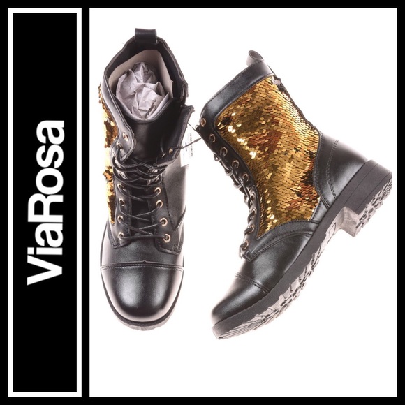 Via Rosa | Shoes | Via Rosa Black Gold Sequin Moto Boots Nwt | Poshmark